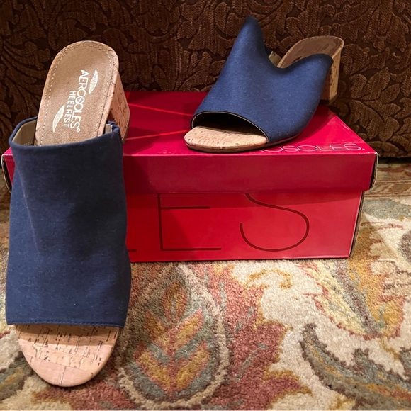 AEROSOLES | Shoes | Navy Blue And Cork Slides Block Heel Are Soles ...